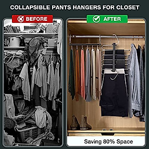 Pants Hangers Space Saving Collapsible Multiple Pants Hangers for Closet Stainless Steel 6 in 1 Trousers Hangers 360°Swivel Clothes Hangers Storage Organizer for Pants Jeans Scarf (1 Pack-6 Layers)