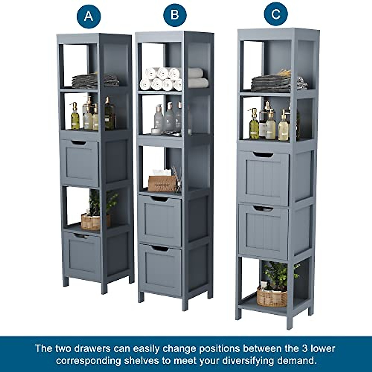 HOMEFORT Bathroom Storage Cabinet, Slim Tall Cabinet, Narrow Floor Cabinet Organizer, Wooden Linen Tower with 2 Drawers and 3 Shelves, Freestanding Storage Cupboard (Grey)