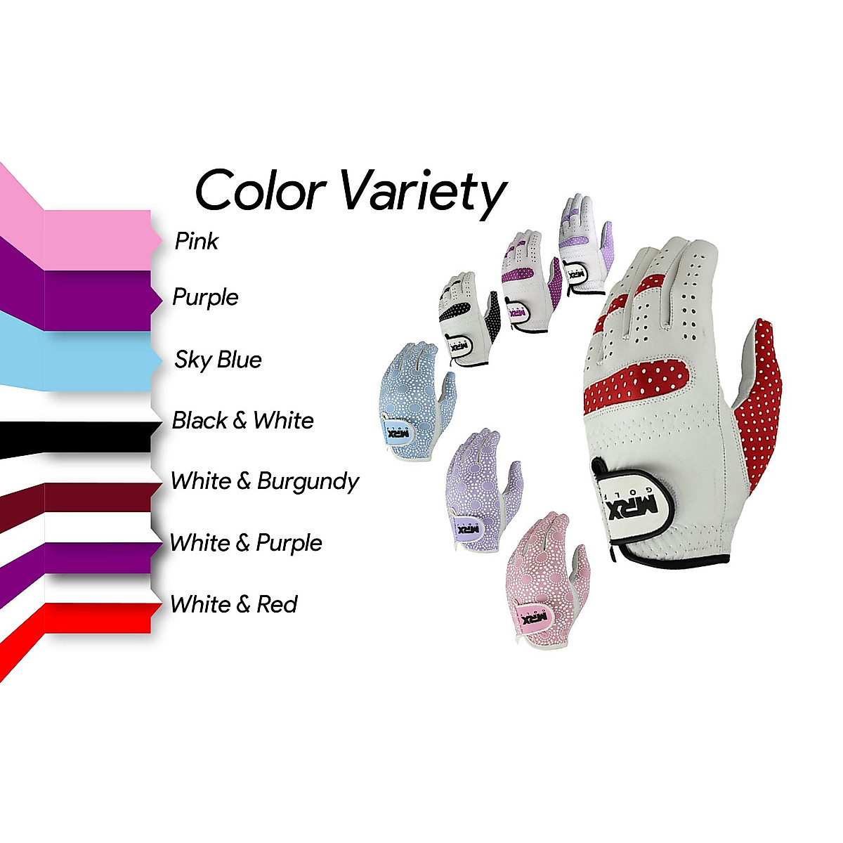 MRX Women Golf Glove Left Handed Golf Gloves Sweat Resistant Soft Cabretta Leather Regular Fit Women Golfer Glove White Purple