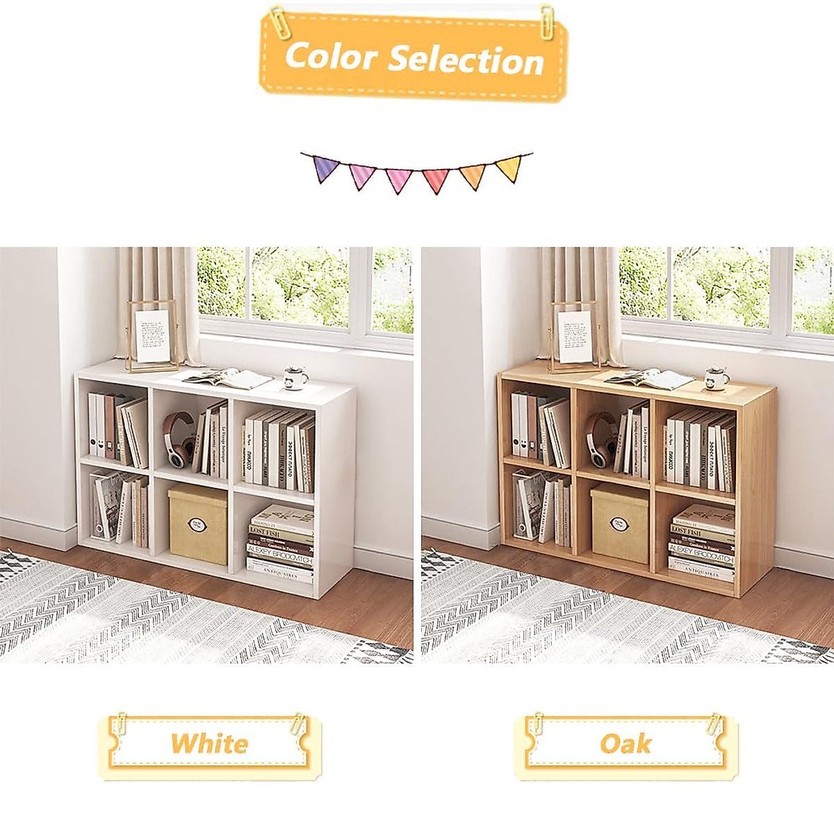 NELYE 6 Cube Organizer Bookcase - Fabric Storage Bins Container, Open Shelf Simple Compartments Bookshelf, White