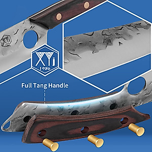 Authentic XYJ Since 1986,Camp Cooking Knives Set,High Carbon Steel Slicing Chef Knife With Kitchen Scissors,Carry Bag,Sharpener Rod,Butcher Meat Vegetable Knife,Full Tang,Hammer Finished