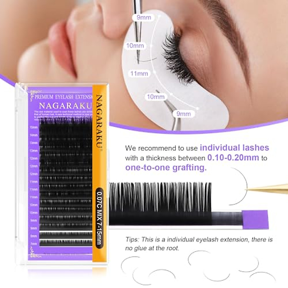 NAGARAKU 5 Trays Eyelash Extensions Individual Lashes 0.05mm D curl 11/12/13/14/15mm in 1 pack Classic Soft Natural Professional Faux Mink 16 rows