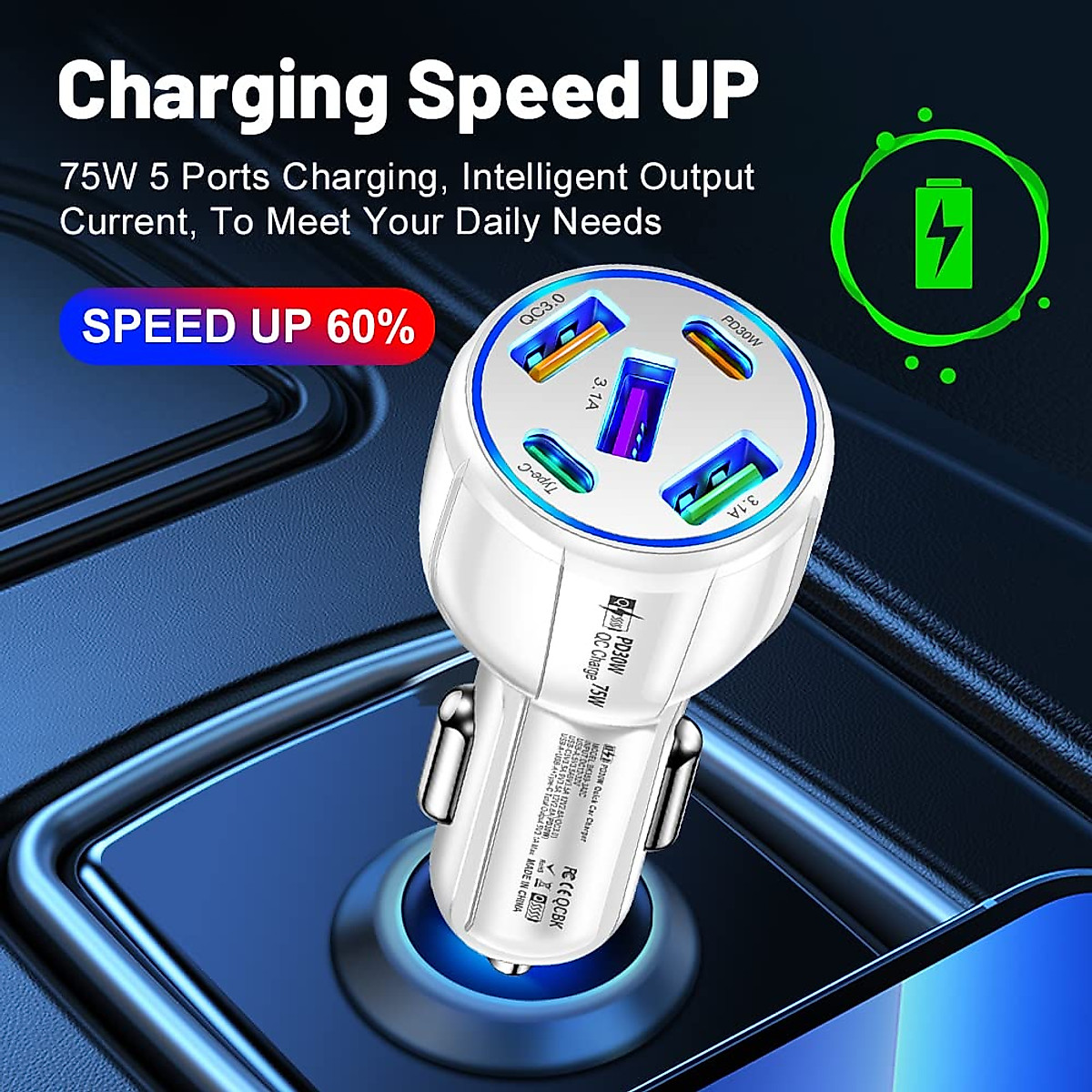 75W Ultra-Fast Car Charger, 30W/QC3.0/Type C 5-Port Smart Shunt 12 Volt Car Adapter Cigarette Lighter USB Charger Compatible with iPhone 14 Pro MAX/13,MacBook Pro,iPad Pro (3USB+2PD White)
