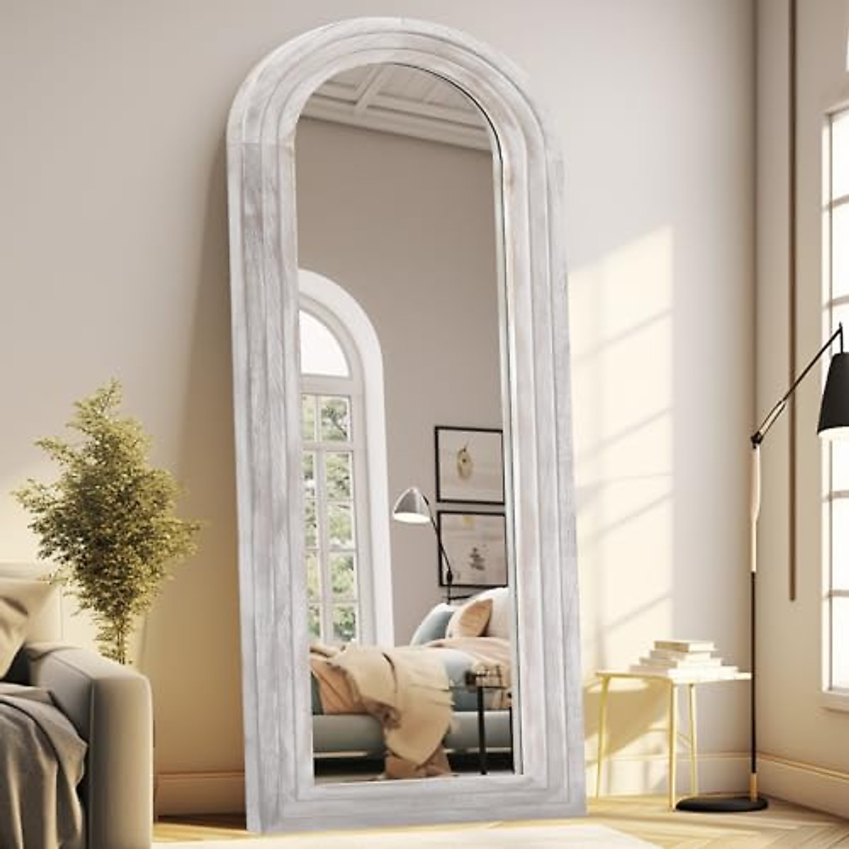 ZHUNFA Arched Full Length Mirror with Solid Wood Frame, 65x22 Farmhouse Wall Mirror Full Length with Stand, Rustic White