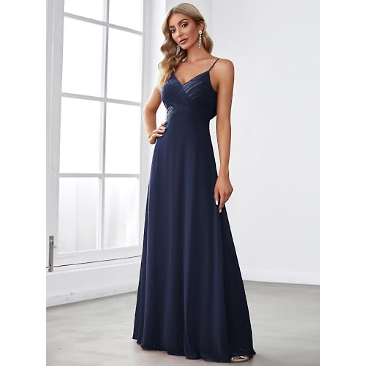 Ever-Pretty Women's V-Neck Sleeveless Front Ruched Maxi A-Line Wedding Guest Dresses Navy Blue US16