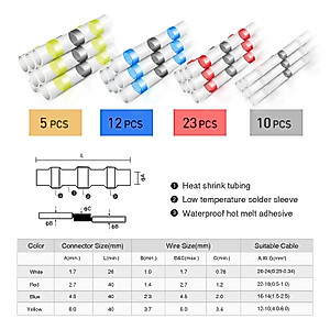 Nilight - 50025R 50pcs Solder Seal Wire Connector, Solder Seal Heat Shrink Butt Connectors,Electrical Waterproof Insulated Marine Automotive Copper(23Red 12Blue 10White 5Yellow),2 Years Warranty