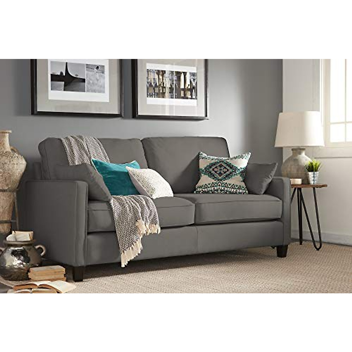 Serta Nina Modern Fabric Upholstery Sofa Collection Padded Shelter Arms, Solid Wood Legs, Couch for Living Room, Track, Ash Gray
