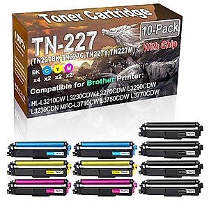 10-Pack (4BK/2C/2Y/2M) Compatible HL-L3210CW L3230CDW L3270CDW Color Toner Cartridge (High Capacity) Replacement for TN227 (TN-227BK TN-227C TN-227Y TN-227M) (With Chip) Printer Toner Cartridge