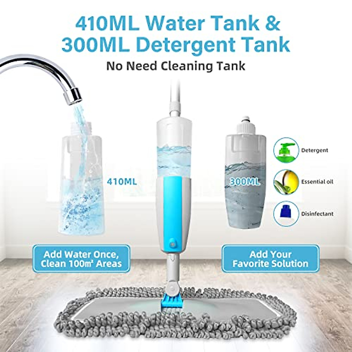 DDSNTY Mops,Microfiber Spray Mops for Floor Cleaning,Dust Cleaning Mop,Kitchen Dry & Wet Mop with 410ML&300ML Refillable Bottle 4 Reusable Washable Pads for Hardwood Laminate Wood Tiles Floor