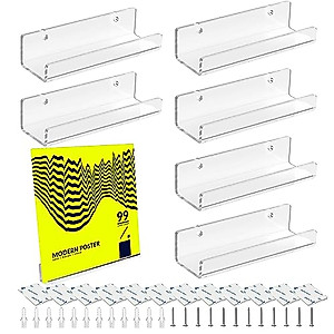 UEMIS Clear Floating Shelf Rack, 6 Pcs Record Wall Mount, Acrylic Wall Ledge Shelves with Screws and Tape,Floating Acrylic Bathroom Shelves, Acrylic Wall Mount Shelf for Store Home Office Apartment.