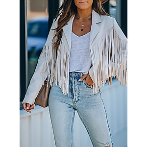Dokotoo Womens Fall 2023 Jackets for Women Faux Suede Leather Casual Lapel Fashion Tassel Motorcycle Cropped Jacket White Small