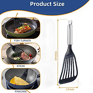 12.6“ Nonstick Spatula Turner, KSENDALO Thin Slotted Spatula, Wide Nylon Blade Lightweight but Sturdy Kitchen Fish Spatula, Desgin for Non-stick Pan, Black(option 1)