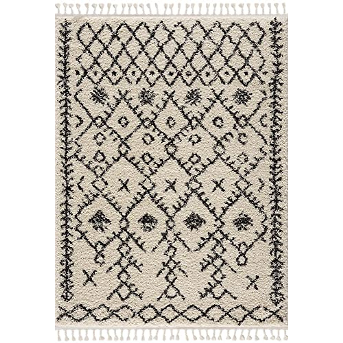 Hauteloom Berber Shag - Godalming Farmhouse Living Room Bedroom Area Rug with Tassel - Fluffy Plush High Pile Carpet - Soft Shaggy Rug, Moroccan Trellis - White, Beige, Cream, Black - 5'3" x 7'3"