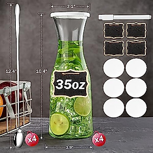 Glass Carafe 4 Pack, Goldarea 35 Oz Water Carafe with 6 Lids, 1 Liter Glass Pitcher, Beverage Jugs, Carafe Set for Mimosa Bar Supplies, 4 Long-Handled Mixing Spoons and Chalkboard Label