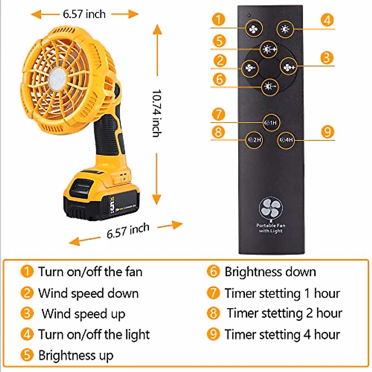WaxPar For Dewalt Fan Cordless Jobsite Fan, USB Floor Fan Industrial fan with Light Compatible with Dewalt 14.4-20V Li-Ion Battery, Remote, 3 Wind/Brightness Modes, Timer