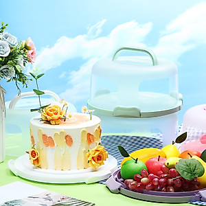 Bokon 4 Pieces Plastic Cake Carrier Large Round Cake Holder Portable Cake Container Serve as Five Section Serving Tray Large Cheesecake Stand with Lid & Handle Fits 10 Inch Cake Pies Dessert