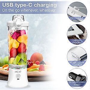 Juice Jet, 20oz Portable Blender, 6 Blade Mixer, USB Rechargeble, Personal Size Blender, High Speed, with Travel Lid, BPA Free, Gym, Home, Outdoor, Office, Family (White)