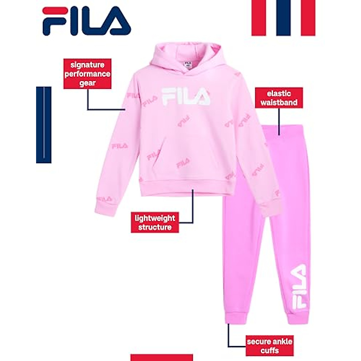 Fila Girls' Active Sweatsuit Set - 2 Piece Performance Fleece Hoodie Sweatshirt and Jogger Sweatpants - Activewear Set, 7-12, Size 7-8, Pink