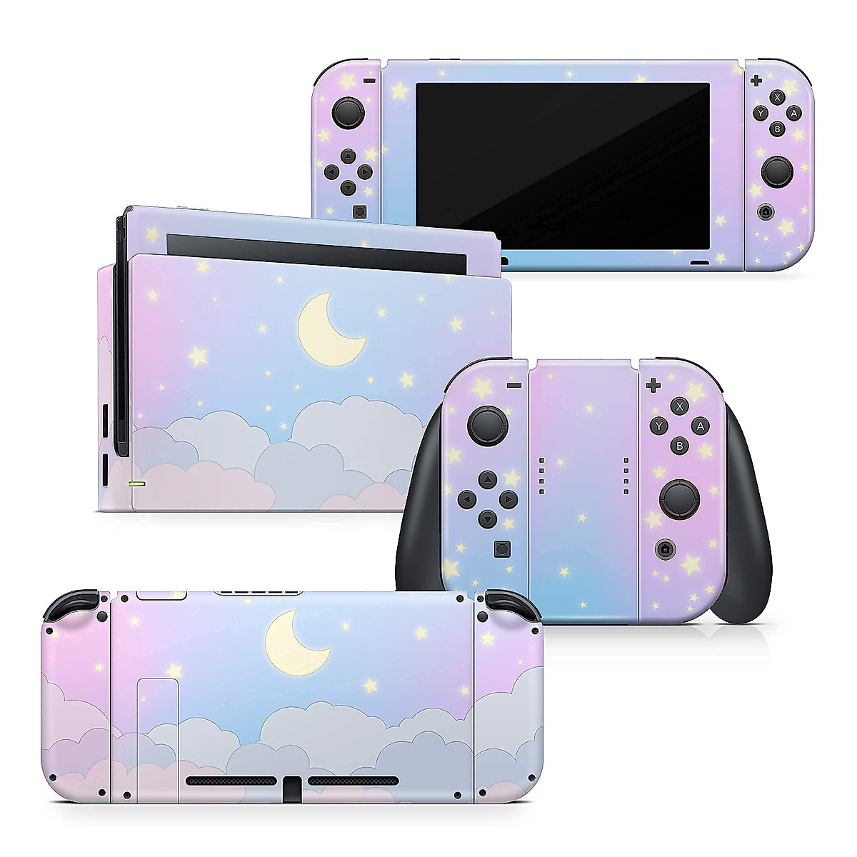 Tacky design Bundle Clouds Skin for Nintendo Switch & Clouds Skin for Pro Controller Set, Pastel Starry Blue Sky Vinyl 3m Stickers Moon Full wrap Cover