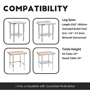 DuraSteel Galvanized Legs for Work Table - 33.5 inch Replacement Galvanized Legs - Fits Commercial Food Prep Stainless Steel Utility Table or Maple Wood Worktable, Silver