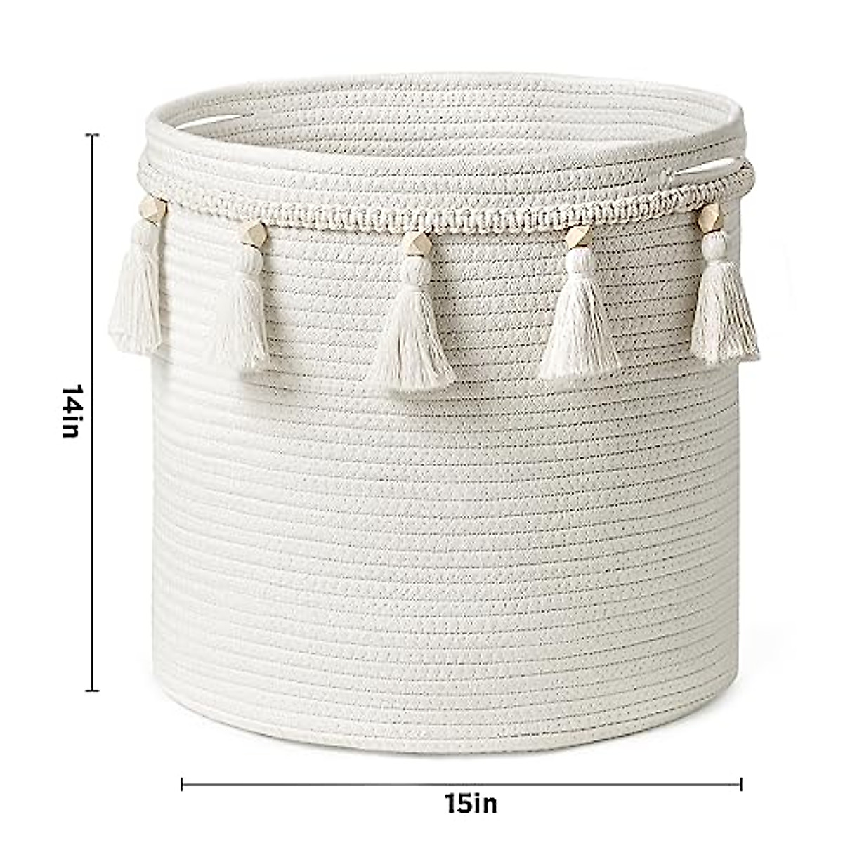 UBBCARE Decorative Cotton Rope Basket-14 x 15 in, Boho Woven Storage Basket with Tassel, Macrame Basket for Organizing Towels, Baby Toys, Cute Storage basket for Nursery