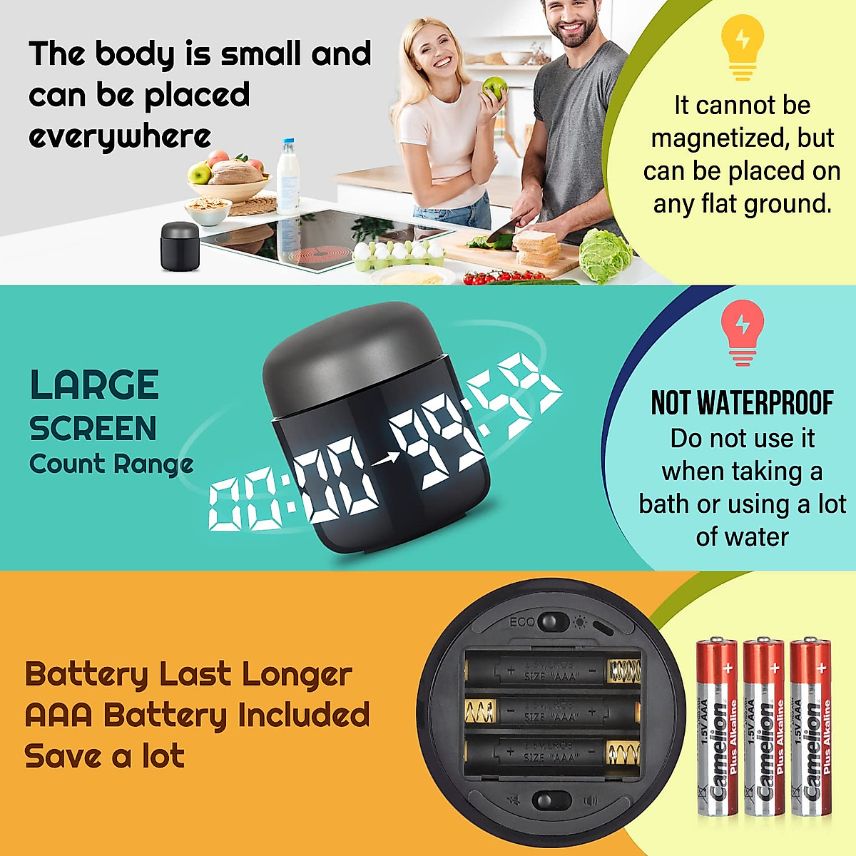 PINGKO Digital Kitchen Timer for Cooking - Visual Countdown Alarm Timers Small with Battery Loud Sound Large LED Display - Cute Baking Timers for Oven Food Classroom Desk Home Office Reading Bedroom