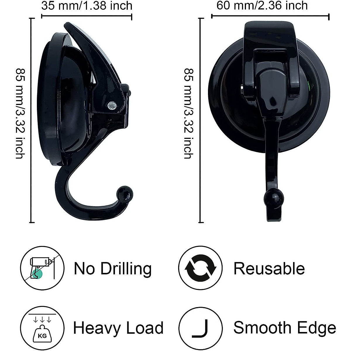 YSSILADI Shower Suction Cups Heavy Duty Vacuum Suction Cups, Glass Suction Cup Hooks, Robe & Towel Hooks Reusable, No Hole Punched, for Garland Decoration (2 Pack, Black)