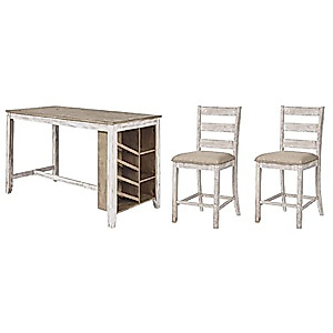 Signature Design by Ashley Skempton Farmhouse 36" Counter Height Dining Table with Storage & Wine Rack, Whitewash & Skempton 24" Counter Height Upholstered Barstool, Set of 2, Antique White