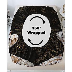 Bedding Full Size Fitted Sheets Fit 5"-16" Deep Pocket Mattress,Flower Sketch Oil Painting Pumpkin Soft Bottom Sheet Autumn Gold Leaves on Black Fitted Sheet Bed Set with Pillow Case