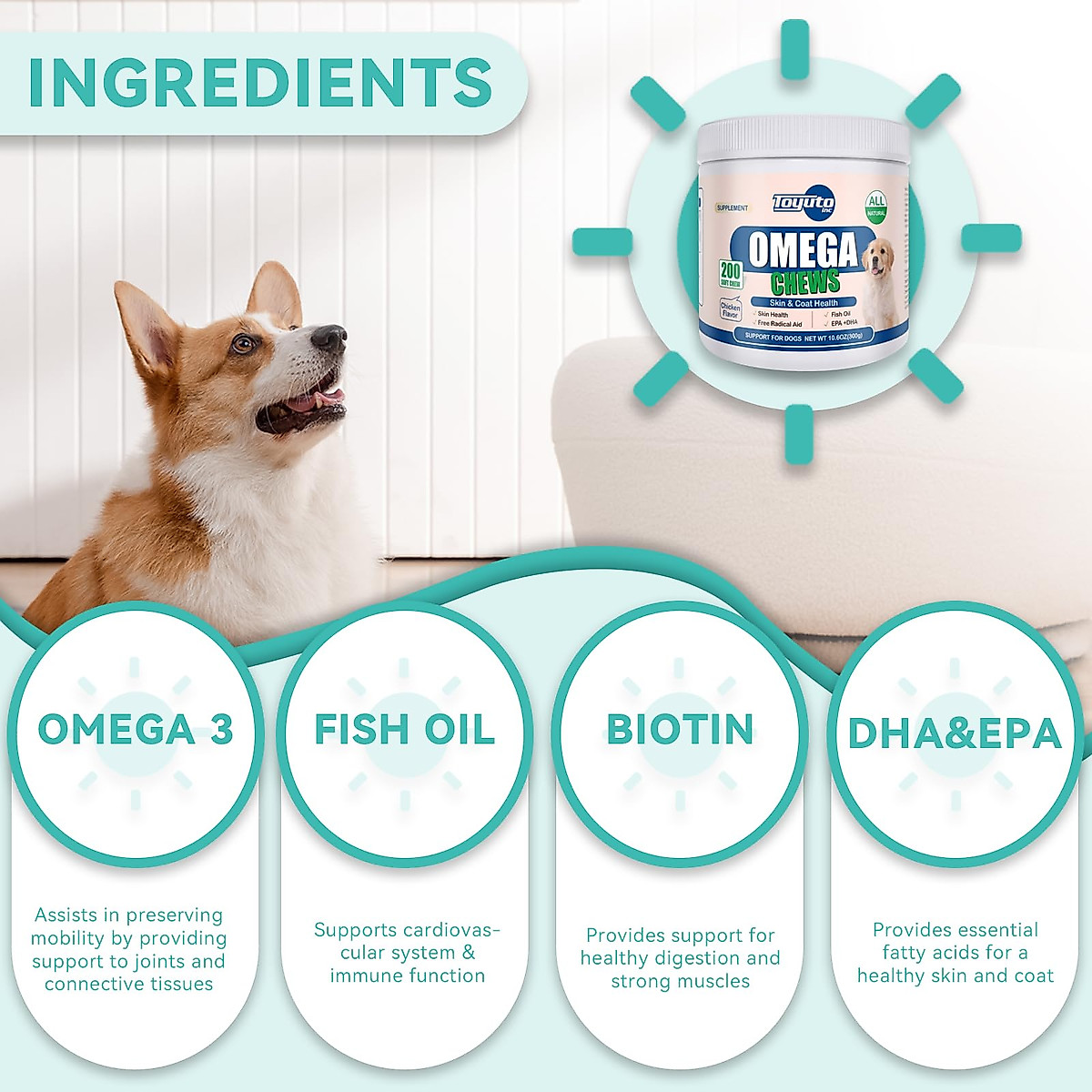 Omega-3 Multivitamin Skin and Coat Supplement for Dogs Omega 3 Fish Oil Supplement, Supports Shedding, Skin & Coat, Immunity, EPA,DHA- 300g(200 Chews)
