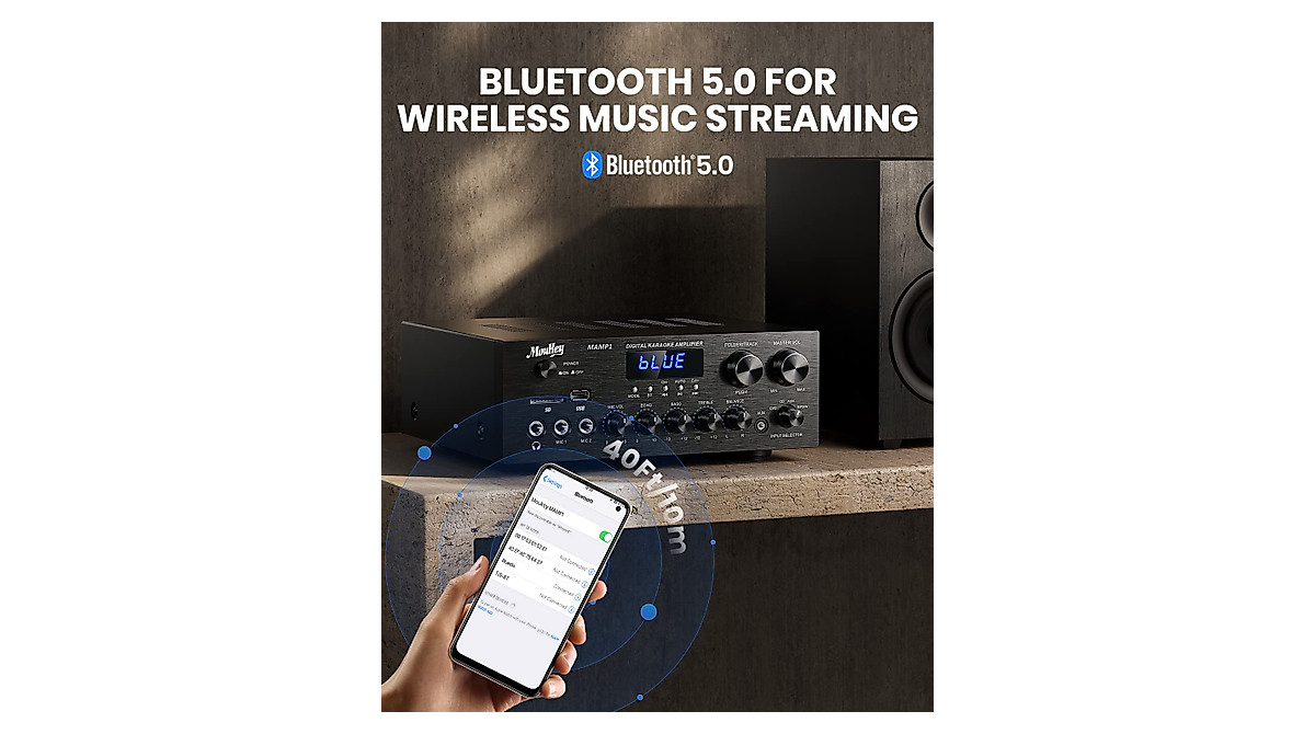 Moukey 220W Stereo Amplifier with Bluetooth 5.0 | Home Theater & Studio