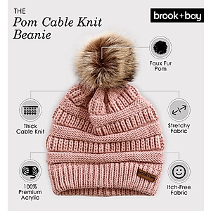 Brook + Bay - Beanie Hats for Women, Pom Pom Hat Soft Chunky Knit Beanie for Cold Weather, Stocking Cap for Women Winter Hats Pink