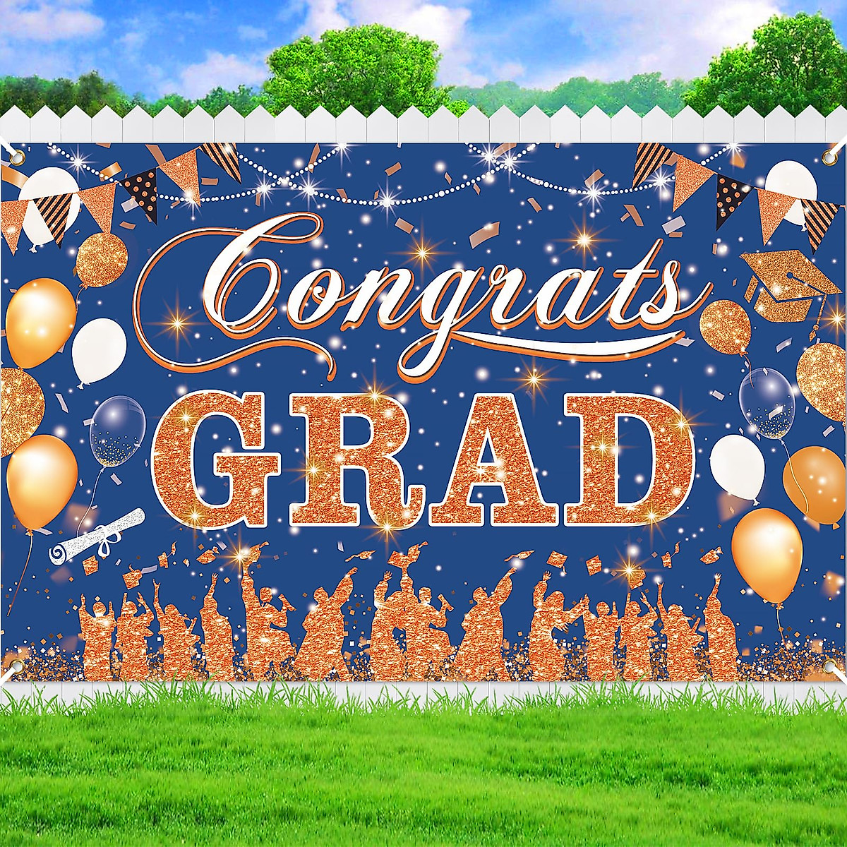 Blue Orange Graduation Decoration Banner, Blue Orange Congrats Grad Banner 2024 Blue Orange Graduation Party Banner for Class of 2024 High School College Graduation Party 70.8x43.3 inch
