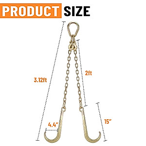 SPARKWHIZ G70 J Hook Tow Chain V Bridle with 15" J Hooks, 5/16'' Grab Hooks, 2ft Legs, Flatbed Truck Safety Chains 5,400 lbs