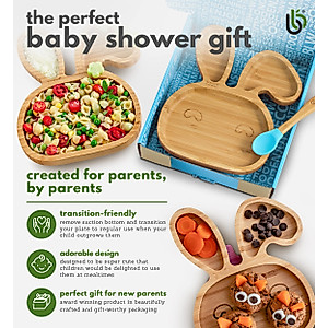 Bamboo Baby Plate with Suction - Kids and Toddler Suction Cup Plate for Babies, Non-toxic All-Natural Bamboo Baby Food Plate Stays Cool to the Touch for Baby-Led Weaning (Bunny-Orange)