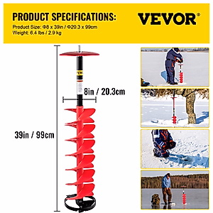 VEVOR Ice Drill Auger, 8" Diameter Nylon Ice Auger, 39" Length Ice Auger Bit,Auger Drill with 11.8" Extension Rod,Auger Bit w/Drill Adapter,Top Plate & Blade Guard for Ice Fishing Ice Burrowing Red