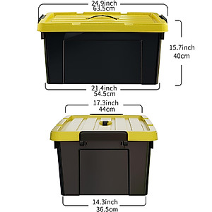 Cetomo 95Qt*4 Durabilt Flip Lid Stackable Heavy Duty Tough Storage Container Tote, Plastic Storage Bins, Storage Box, Black Base with Yellow Lid (4 Pack)