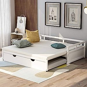 RUNWON Twin to King Extendable Daybed with Trundle,Wooden Platform Bed Furniture for Bedroom