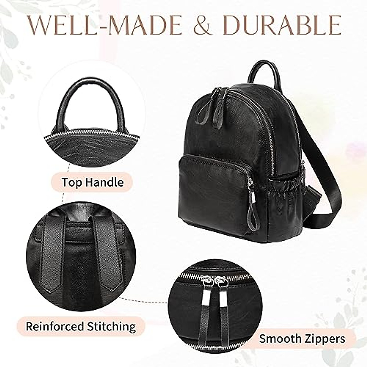 VASCHY Mini Backpack Purse, Cute Faux Leather Small Backpack Purse for Women with Double Compartment Black
