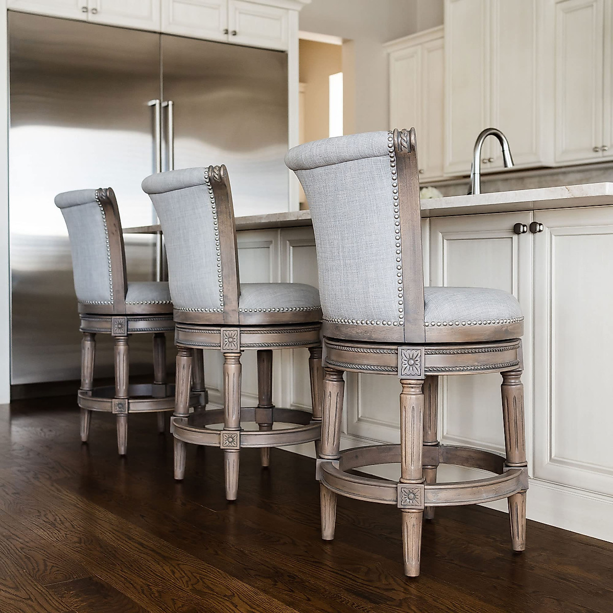 Maven Lane Pullman 26 Inch Tall Counter Height Upholstered Barstool with Back in Reclaimed Oak Finish with Ash Grey Fabric Cushion Seat, Set of 3