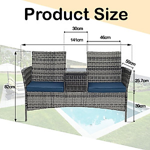 Outdoor Patio Rattan Loveseat with Cushions and Integrated Coffee Table - Weather Resistant 2 Seat Perfect for Garden, Lawn, and Backyard Leisure(Grey-Blue)