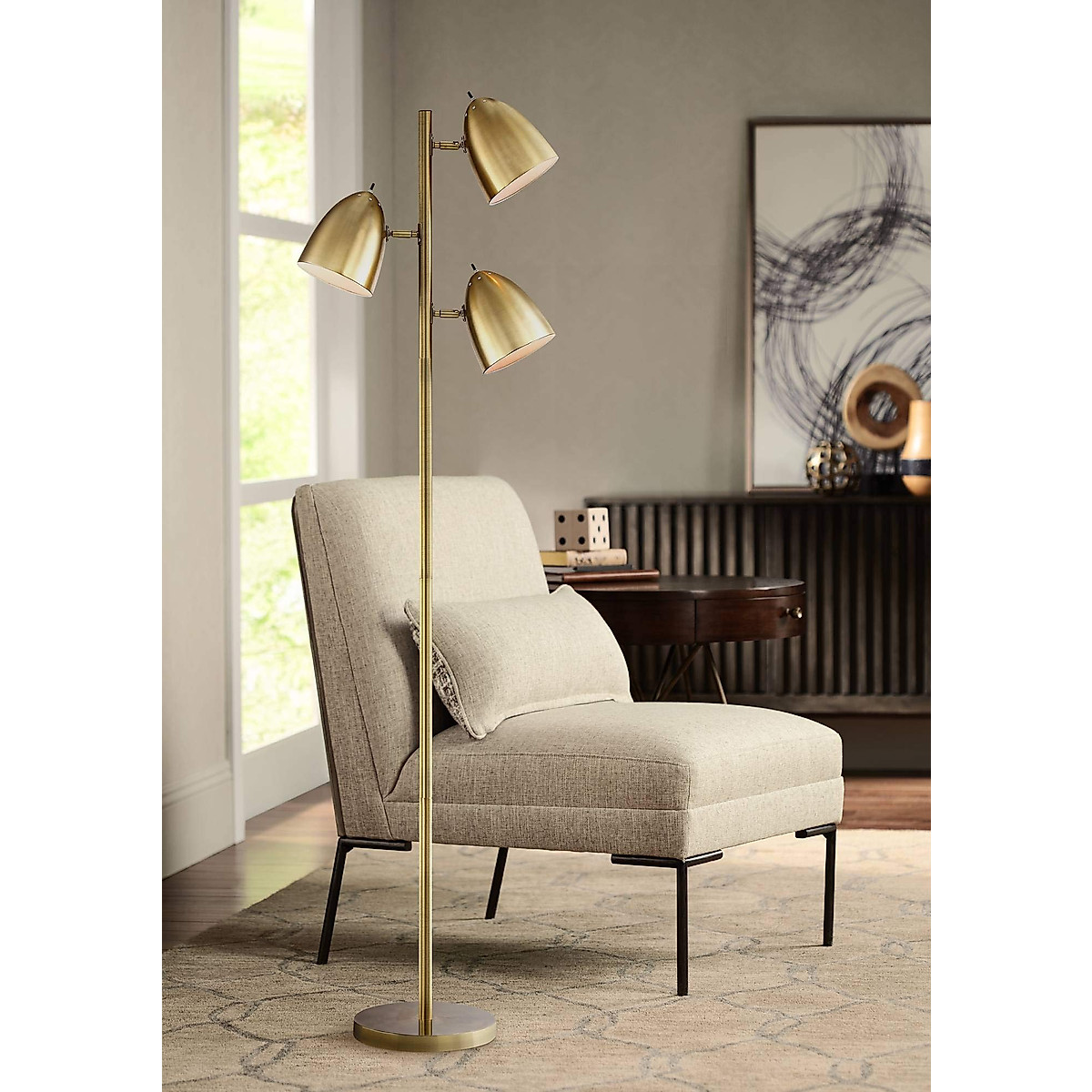 360 Lighting Aaron Mid Century Modern Tree Floor Lamp 64" Tall Aged Brass Gold Metal Adjustable Swivel 3-Light Dome Shade Decor for Living Room Reading House Bedroom Home Office House