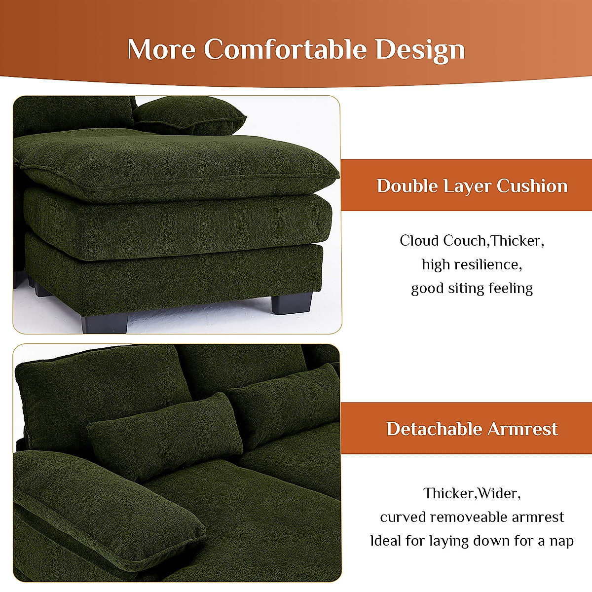 OUYESSIR U Shape Sectional Sofa Cloud Couch for Living Room, Modern Chenille Comfy Modular Sofa, 4 Seat Upholstery L-Shaped Sleeper Sofa with Chaise Lounge & Ottoman, 114" (Emerald Green