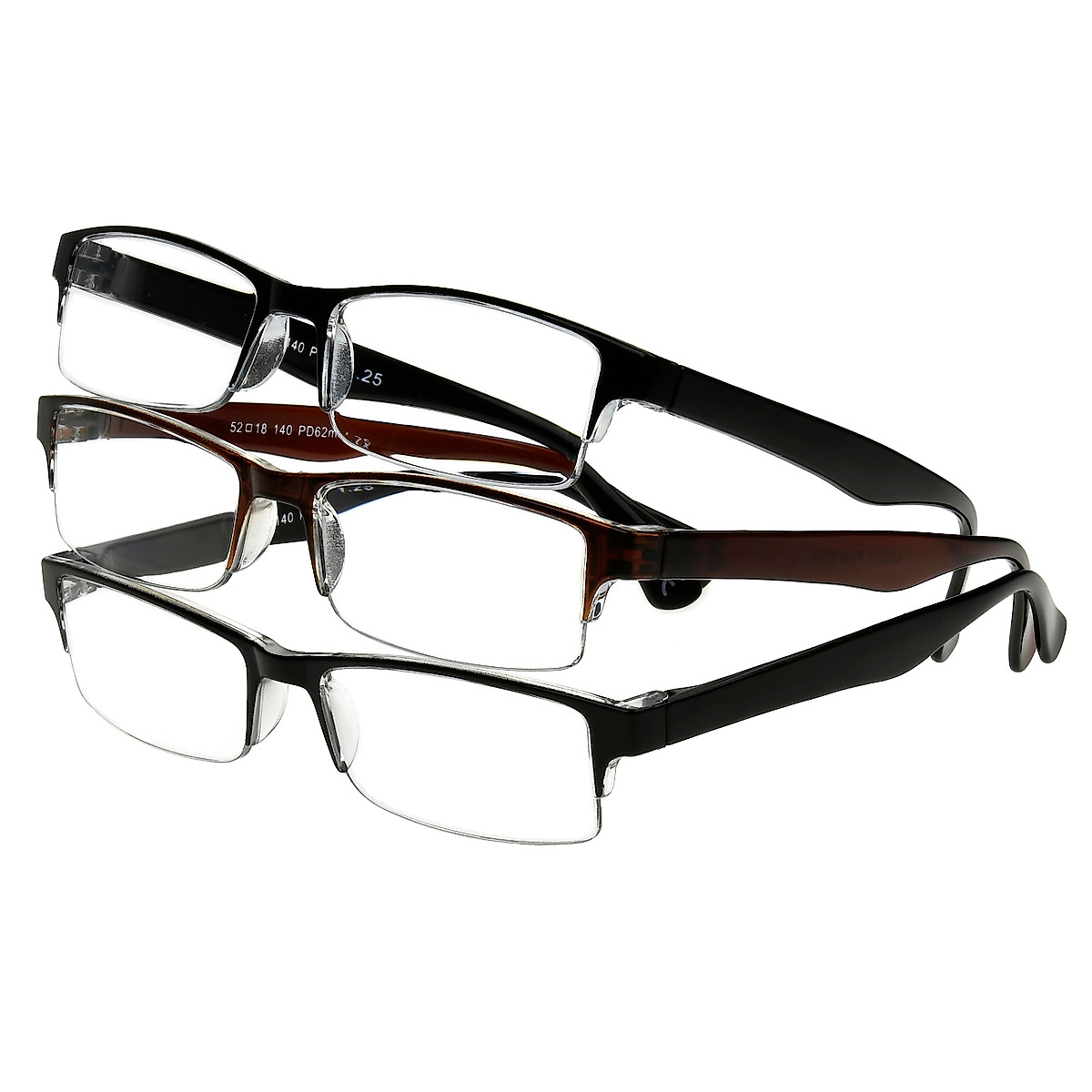 Foster Grant Men's Pete Rectangular Reading Glasses, Black and Brown, 3 Pack, 1.5x