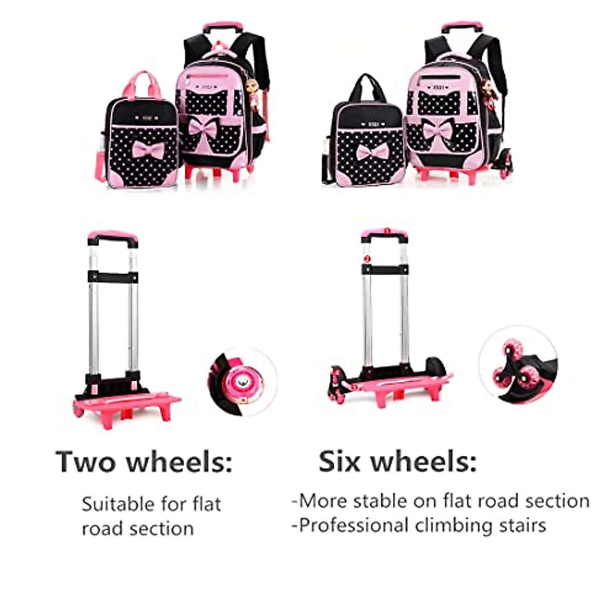 Bowknot Kids Rolling School Backpack 2Pcs Polka Dot Princess Style Trolley Bookbag on Two Wheels