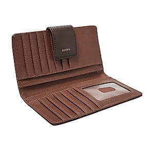 Fossil Women's Logan Faux Leather Wallet RFID Blocking Tab Clutch, Brown/Black Signature Print (Model: SL7827199)