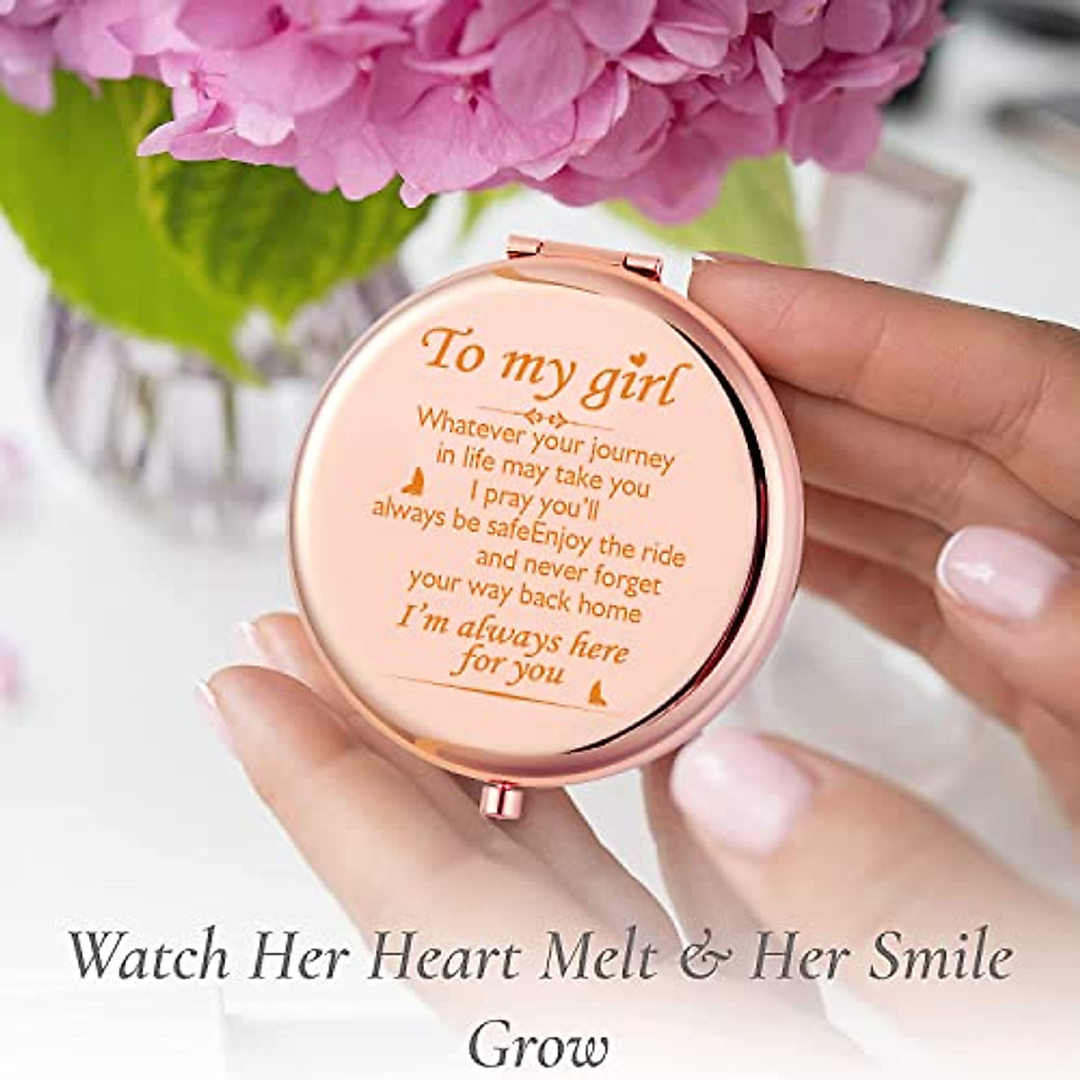 Daughter Gifts from Mom Dad for Rose Gold Compact Mirror,to My Girlfriend Gifts,Engraved Compact Mirror,Round Folding Mirror Handheld 2-Sided Mirror,1x/2x Magnification Compact Mirror.