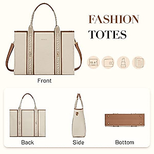 Missnine Tote Bag Canvas Laptop Bag 15.6 inch Briefcase for Women Large Capacity Handbag for Office, College, Travel (Beige+brown)