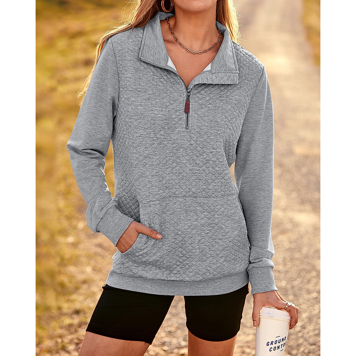 BTFBM Women Fashion Quilted Pattern Lightweight Zipper Long Sleeve Plain Casual Ladies Sweatshirts Pullovers Shirts Tops (Light Grey, X-Large)