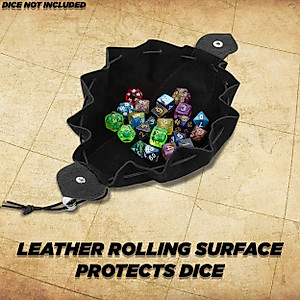 CASEMATIX Leather Dice Bag and Dice Rolling Tray for 50+ RPG Dice - Black DND Dice Bag Leather Drawstring Pouch with Non-Scratch Fabrics, Metal Hardware and Debossed Serpent Design